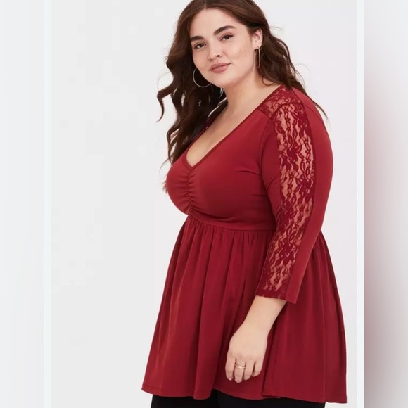 torrid | Tops | Torrid Red Blouse With Lace Shoulders | Poshmark